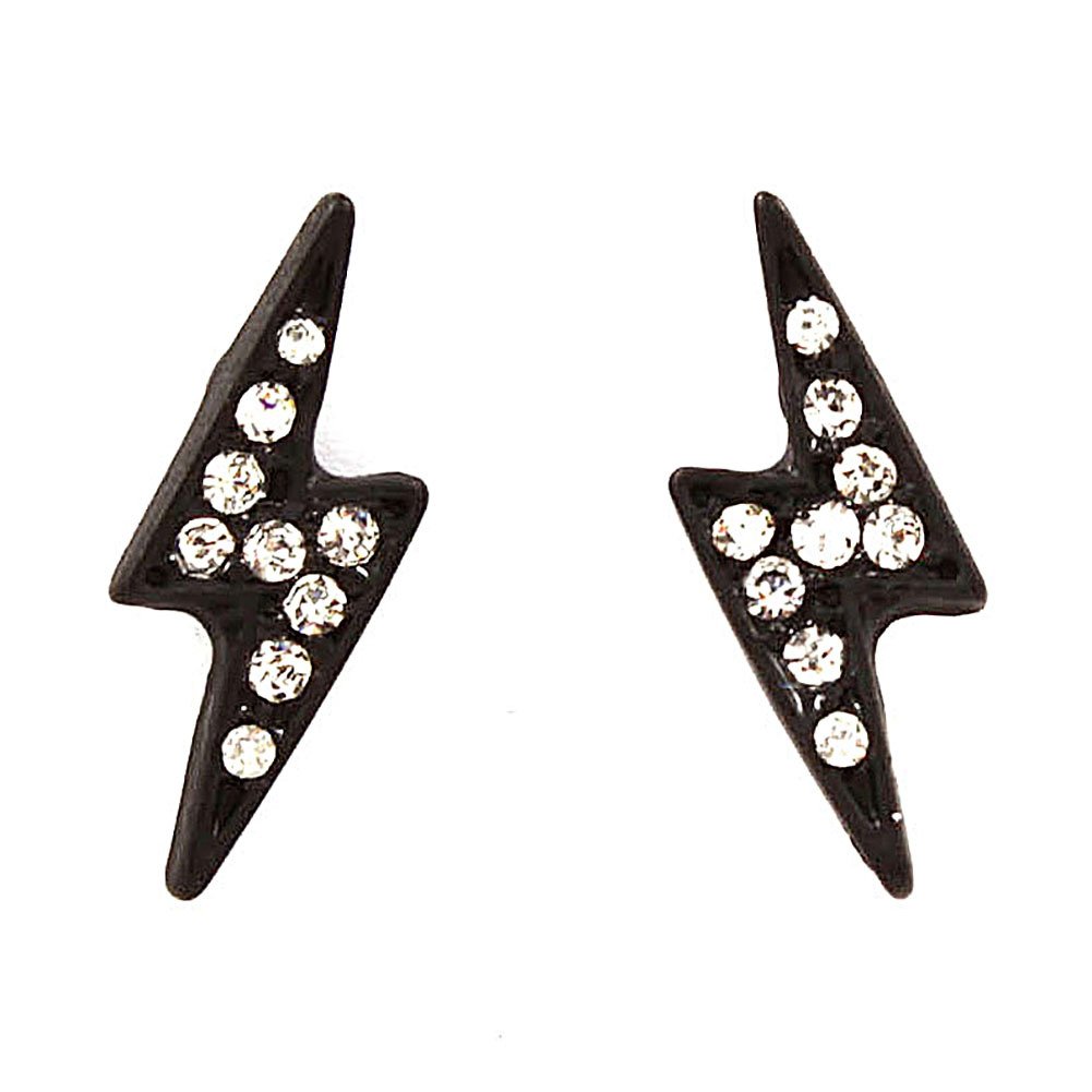 Black Lightning Bolt Post Earrings with Clear Crystals