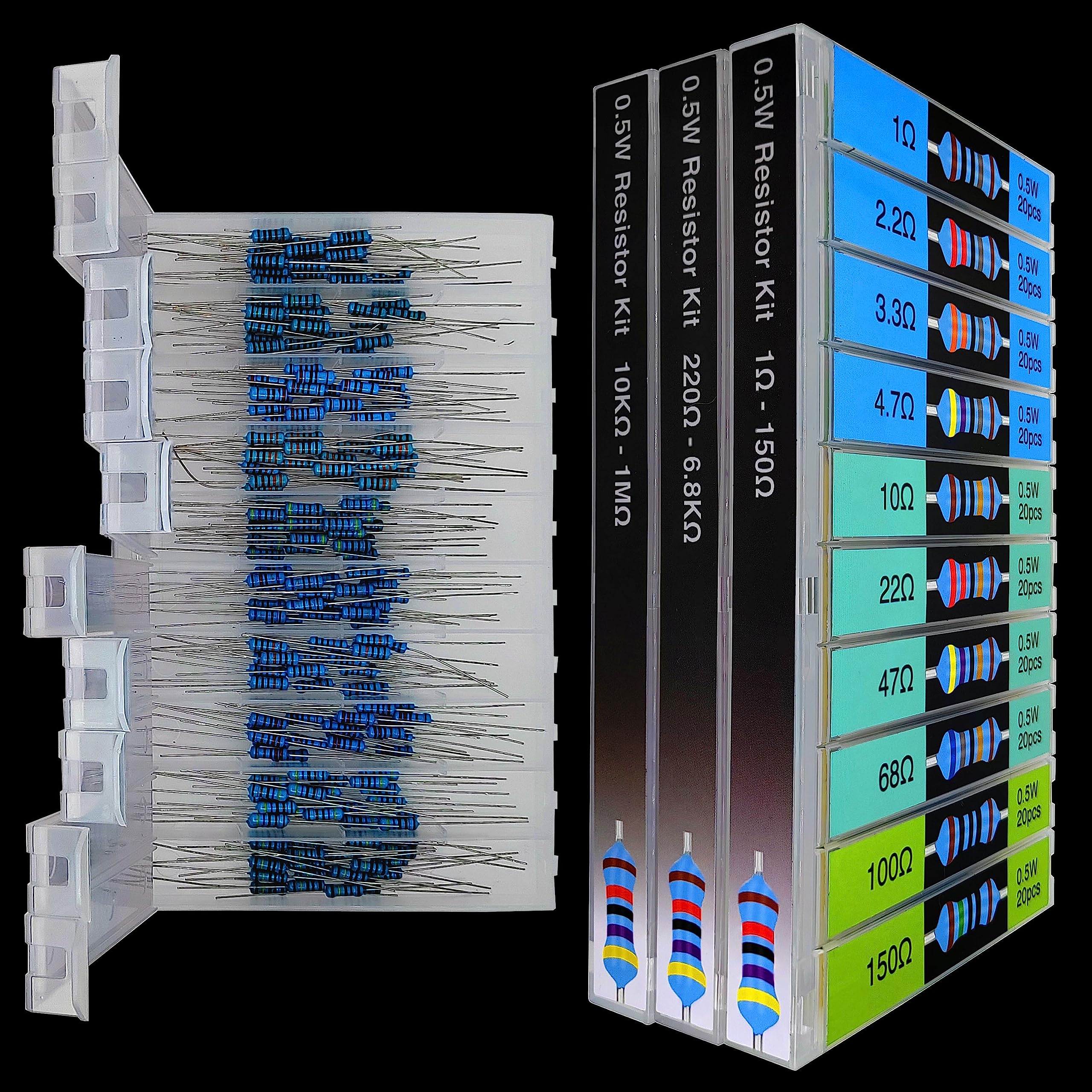 EEEEE 1/2W 30 Values 600pcs Individual Compartment 1 Ohm-1M Ohm with 1% Metal Film Resistor Assortment Kit and Electrical Industrial Assorted Set K Ohm Pack for Led Lights