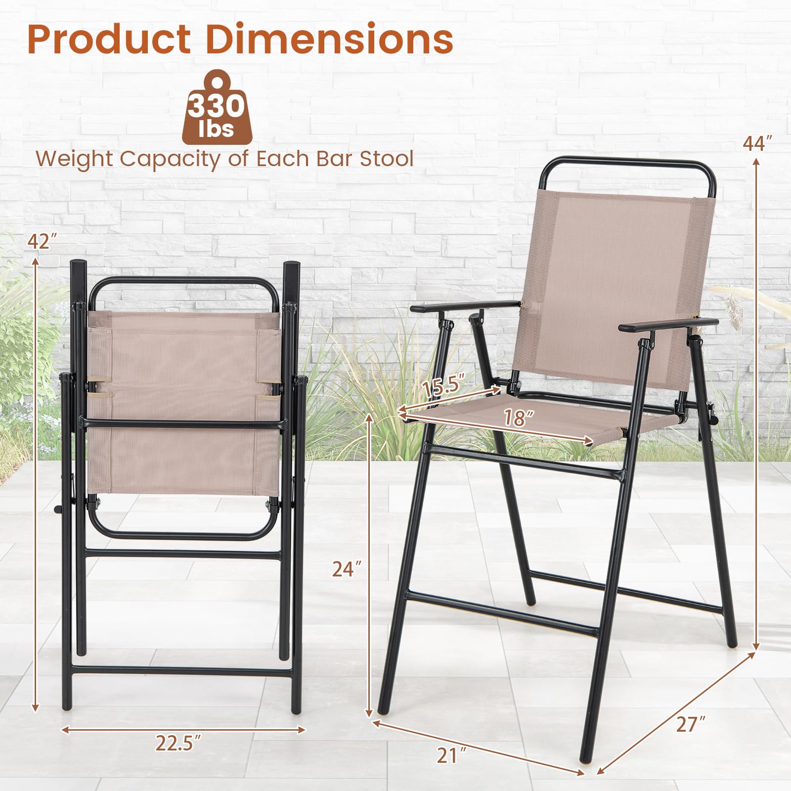 Tangkula Outdoor Folding Bar Stool Set of 4, Patio Dining Chairs w/Breathable Fabric & Metal Frame, Outdoor Bar-Height Stools w/Armrests, Portable Bar Chairs for Backyard Poolside Balcony