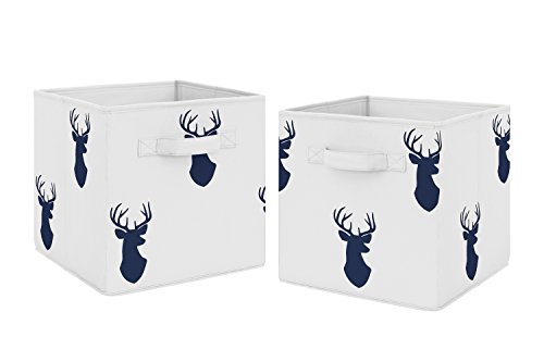 Sweet Jojo Designs Navy Blue Deer Foldable Fabric Storage Cube Bins Boxes Organizer Toys Kids Baby Childrens for Woodland Deer Stag Collection Set of 2