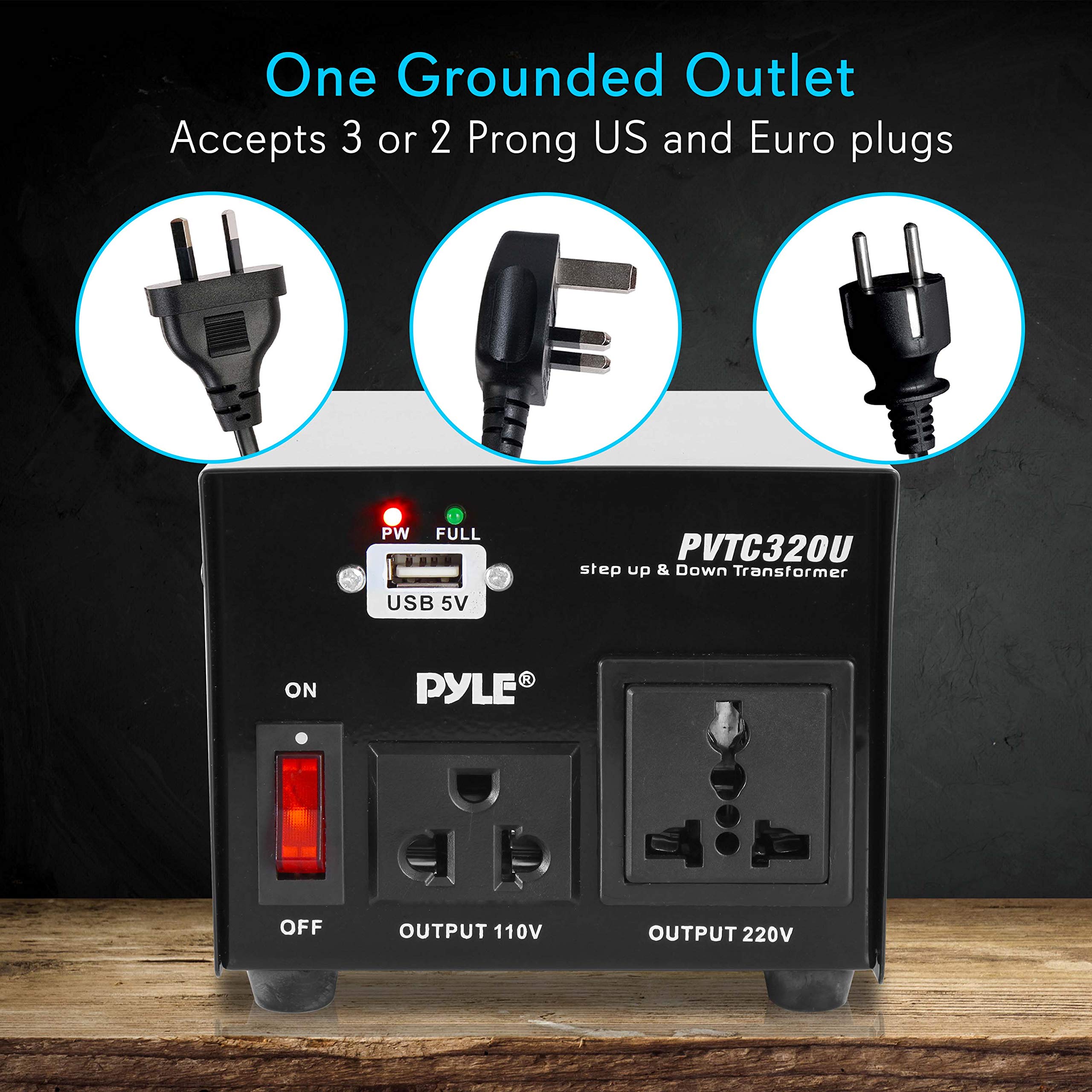 Pyle Step Up and Down Converter - 500 Watt Voltage Converter Transformer w/ USB Charging Port, UK Power Adapter, AC 110 / 120 to 220 / 240 Volt Vice Versa, 110V/120V/220V/240V Input Voltage