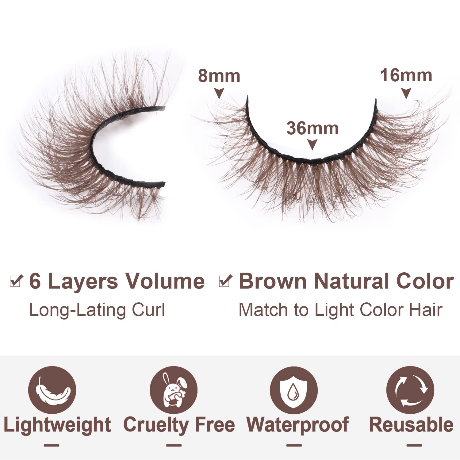 Brown Lashes Cat-Eye False Eyelashes Natural Look 16mm Wispy Faux Mink Eyelashes Fluffy 8D Full Voluma Fake Eye Lashes Pack, 10 Pairs