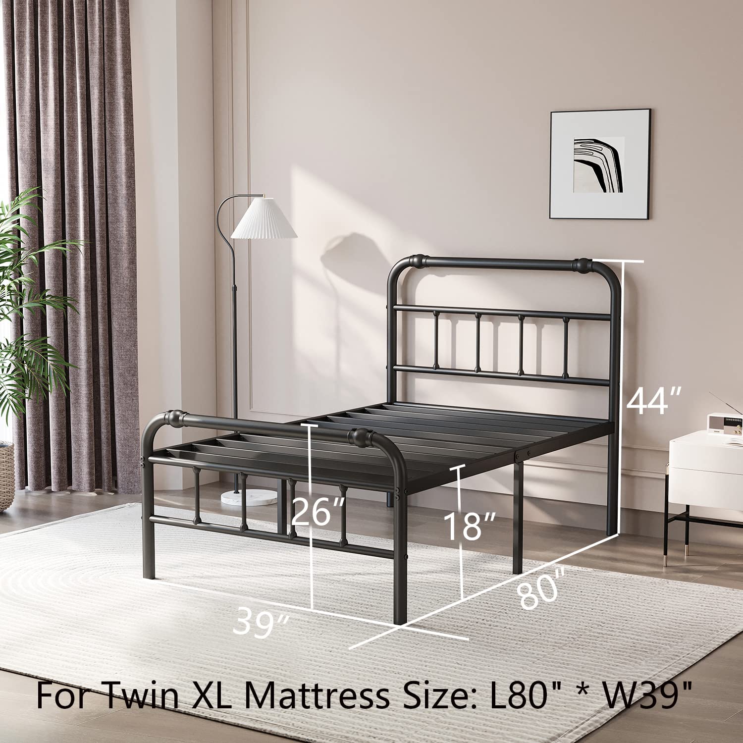 Bedella Queen Size Bed Frame with Headboard and Footboard, 18 Inches High, Heavy Duty 3500lbs Steel Slats Support, Easy to Assemble, Noise Free, No Box Sprig Needed, Black