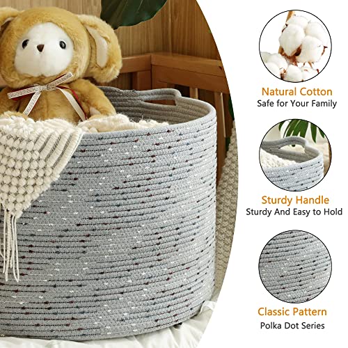 KAKAMAY Large Cotton Rope Blanket Basket (20"x13"),Woven Baby Laundry Hamper,Blanket Basket for Nursery, Laundry, Living Room, Pillows, Toys with Handles (White/Beige/Grey)