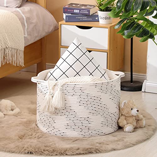 KAKAMAY Large Cotton Rope Blanket Basket (20"x13"),Woven Baby Laundry Hamper,Blanket Basket for Nursery, Laundry, Living Room, Pillows, Toys (White/Beige)