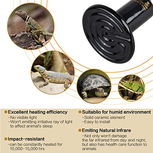 BOEESPAT 60W 3 Pack Ceramic Heat Emitter Bulb, Reptile Heat Lamp Brooder Coop Pet No Light No Harm for Pets Amphibians Hamsters Snakes Birds Poultry Chicken Coop Habitats (Black)