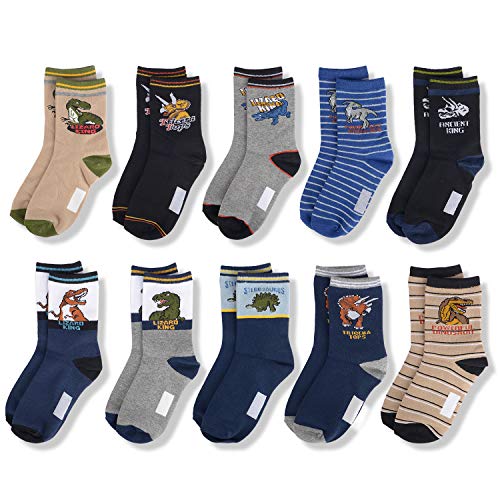 Boys Socks Dinosaur Kids Socks Cartoon Pattern Cotton Crew Socks (4-7 Years A1 (10 Pairs))