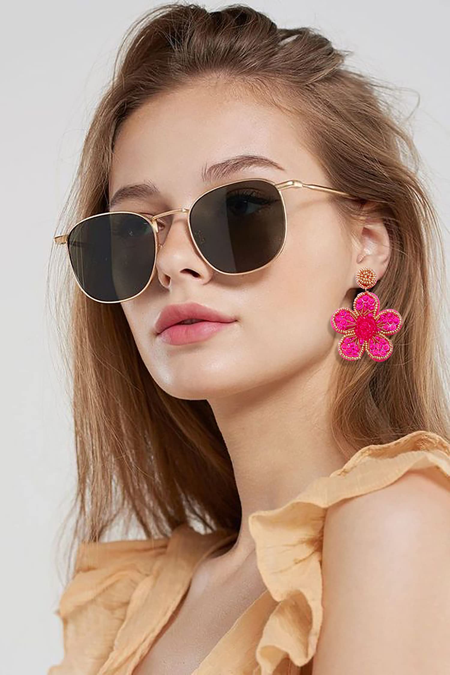 Beaded Drop Earrings Statement Colorful Beaded Flower Earrings Handmade Bohemia Tropical Beadwork Dangle Earrings For Woman (rose red)