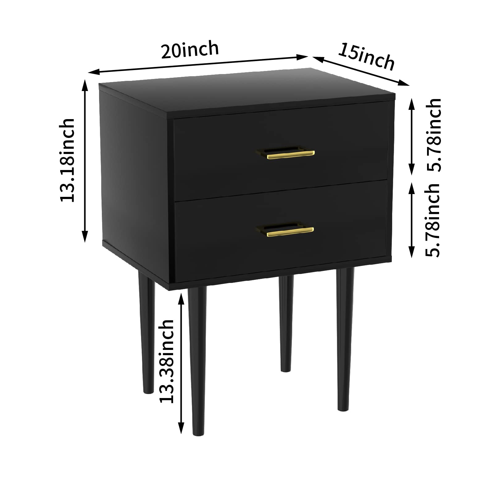 Black Nightstand with 2 Drawers, Modern Night Stand Black, Wooden Night Stands for Bedroom, Bed Side Table, End Table, Gold Handle 26 Inch Tall, Large Size
