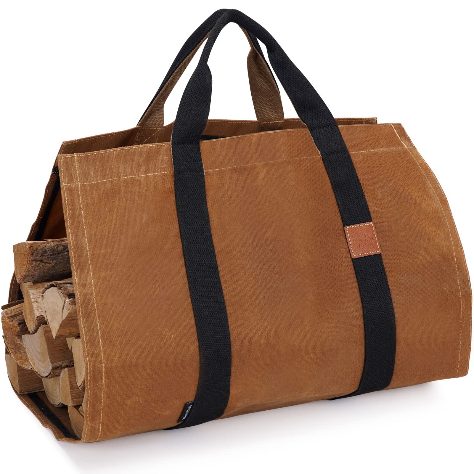INNO STAGE Firewood Log Carrier Tote Bag with Super Strong Double Straps for Reinforce, 16oz Waxed Canvas Heavy Duty & Long Lasting for Wood Hay Hauling for Fireplace or Outdoor Camping-Rust Color