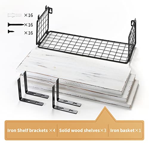 Floating Shelf ,Floating Shelves Wall Mounted Set of 3 ,Solid Wood Floating Shelves with Brackets and Basket Set,Rustic Wood Wall Shelves for Kitchen Living Room,Bedroom Shelves,Bathroom Shelf (White)
