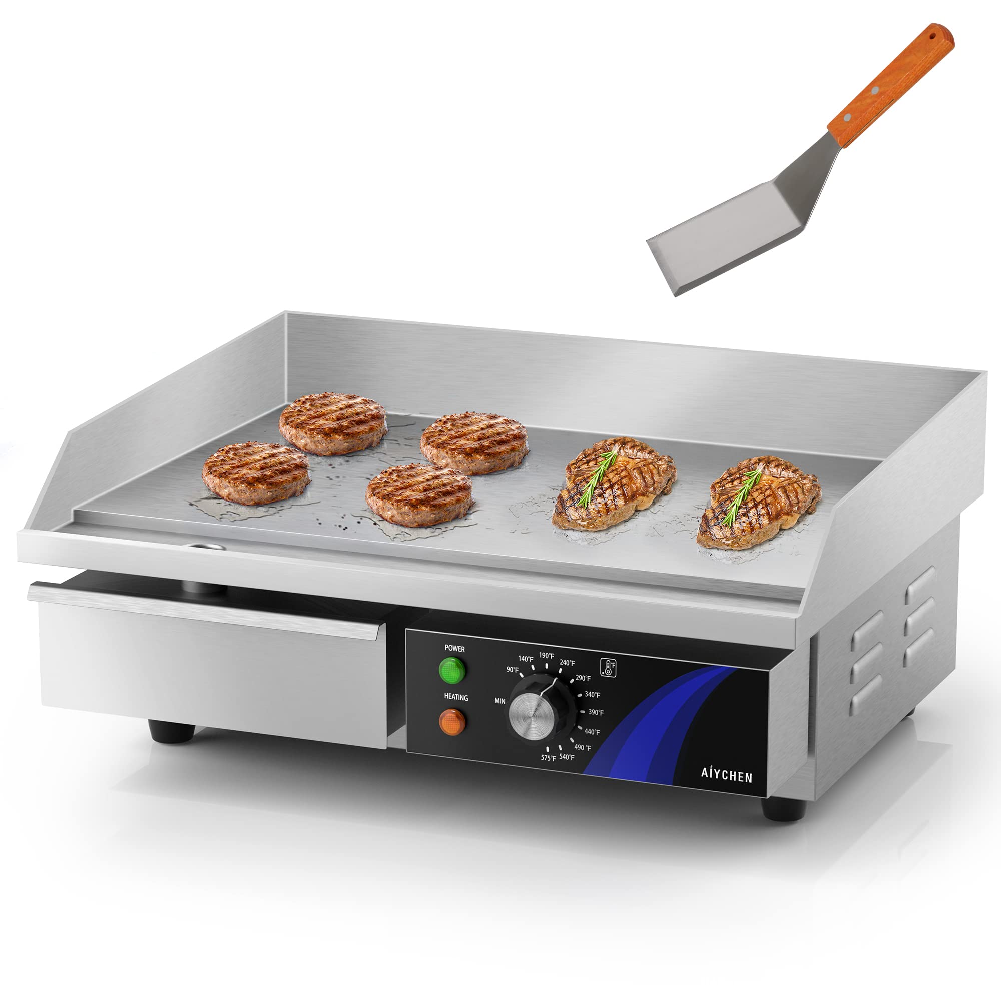 Commercial Griddle 22" Commercial Electric Griddle 220V 3000W Non-Stick Countertop Flat Top Griddle Stainless Steel Grill with Shovels Adjustable Temperature Control 90°F-575°F (22'')