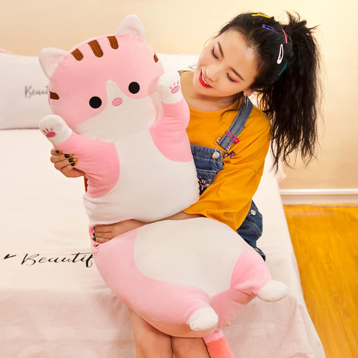 MDXMY Long Stuffed Cat Plush Pillow Cute Cat Stuffed Animals Soft Long Body Throw Sleeping Pillow(Pink,19.6inch)
