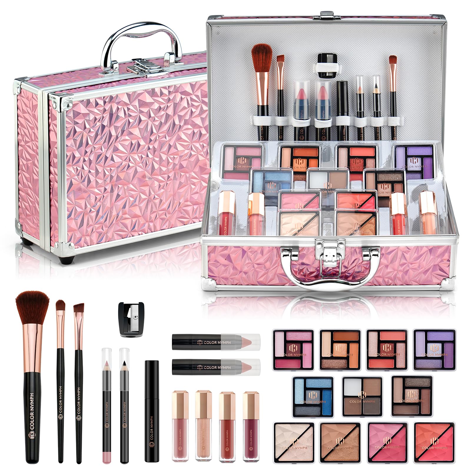 Color Nymph Beginner Makeup Kits For Teens With The Delicate Handbag Included Eyeshadow Palette Blushes Bronzer Highlighter Lipstick Brushes Mirror(Pink)