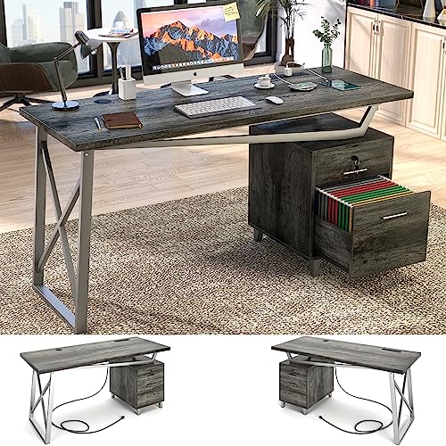 Homieasy Computer Desk with File Cabinet & Charging Station, Heavy Duty Home Office Executive Desk with Storage Drawers, Sturdy Spacious Workstation with Power Strip Cable Grommets, Black Oak