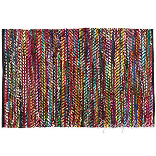 Eyes of India - 4 X 6 ft Black Colorful Chindi Woven Area Rag Rug Braided Bohemian Accent Boho Chic Decorative Indian Handmade Handwoven