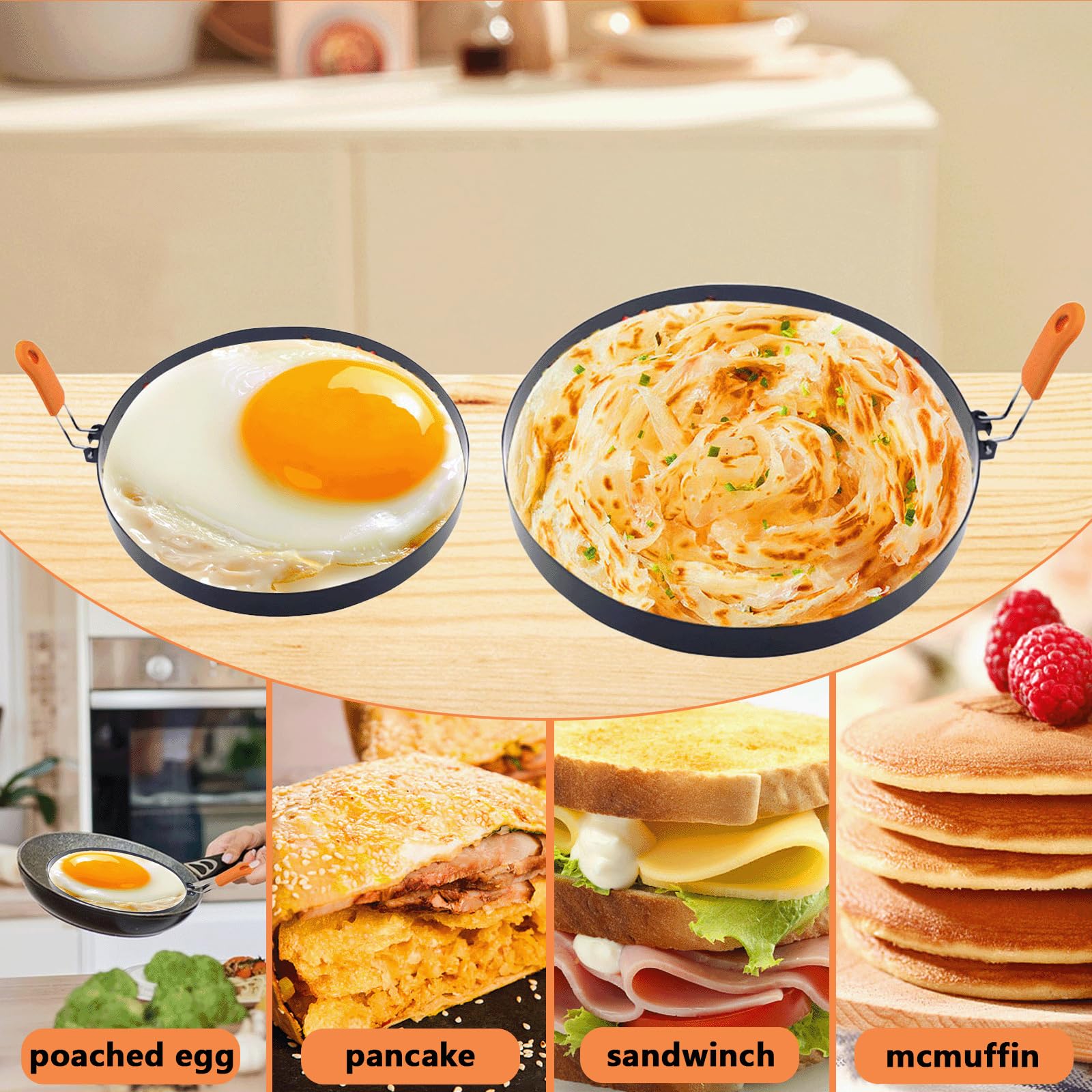 Egg Rings for Griddle, 4/6/8" Non-stick Omelet Ring, 3 Packs Round Pancake Ring Cooking Egg Molds, Stainless Steel Egg Cooking Rings with Insulated Handle Grill Oil Brush Egg Separator