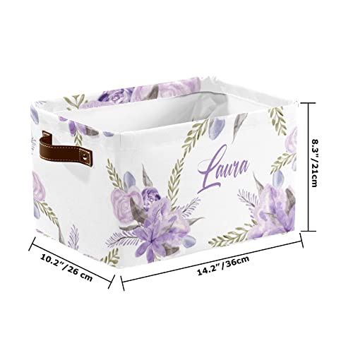 Purple Flower Personalized Custom Name Waterproof Storage Boxs Baskets Clothts Towel Book for Bathroom Office 1 Pack