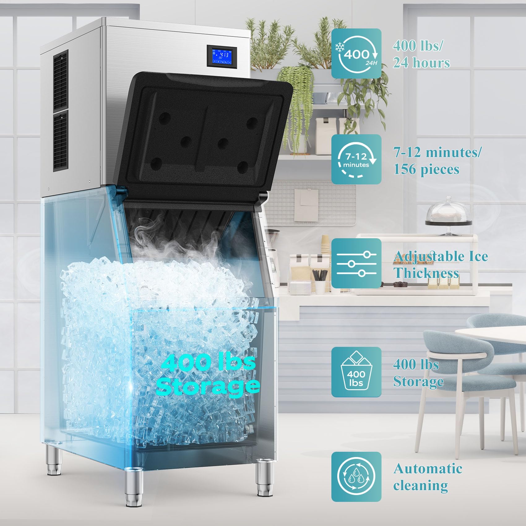 Commercial Ice Maker 400Lbs/24H Commercial Ice Machine with 400LBS Large Storage Bin for Business Cafe Bar 3-Year-Warranty (400Lbs/24H)