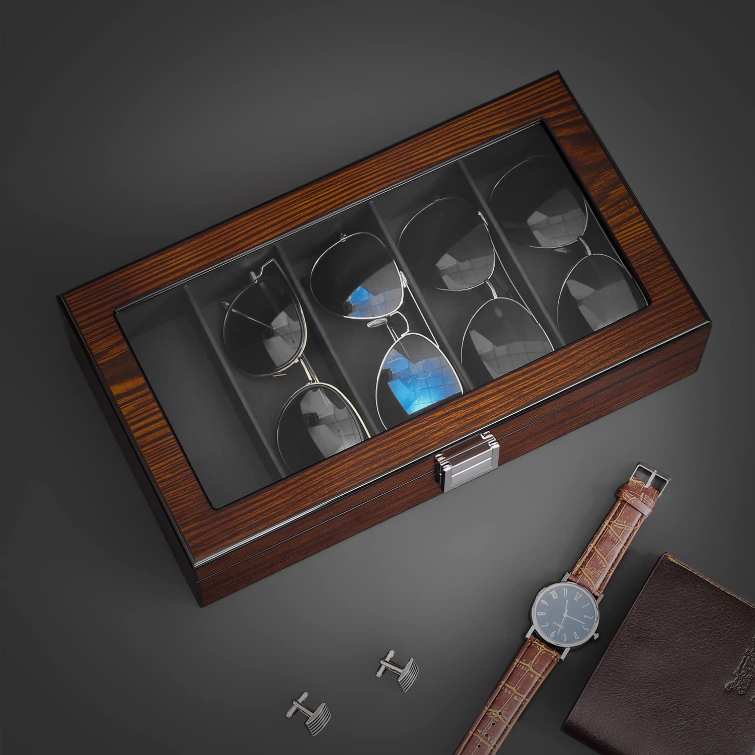 BEWISHOME Sunglass Organizer for Women Men, 5 Slot Sunglasses Case Organizer, Eyeglasses Storage Box with Clear Glass Top, Smooth Faux Leather Interior, Brown SSH05Y