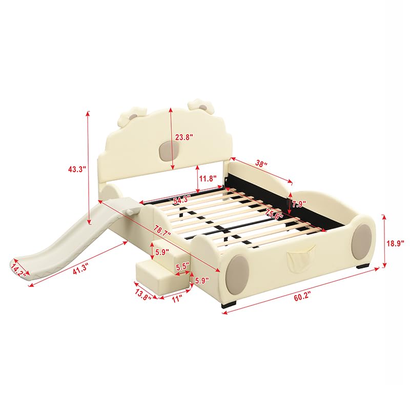 BOVZA Kids Cute Full Size Upholstered Platform Bed Frame with Children's Slide and Piglet Shape Headboard, Wooden Slats Support, No Box Spring Needed, Beige