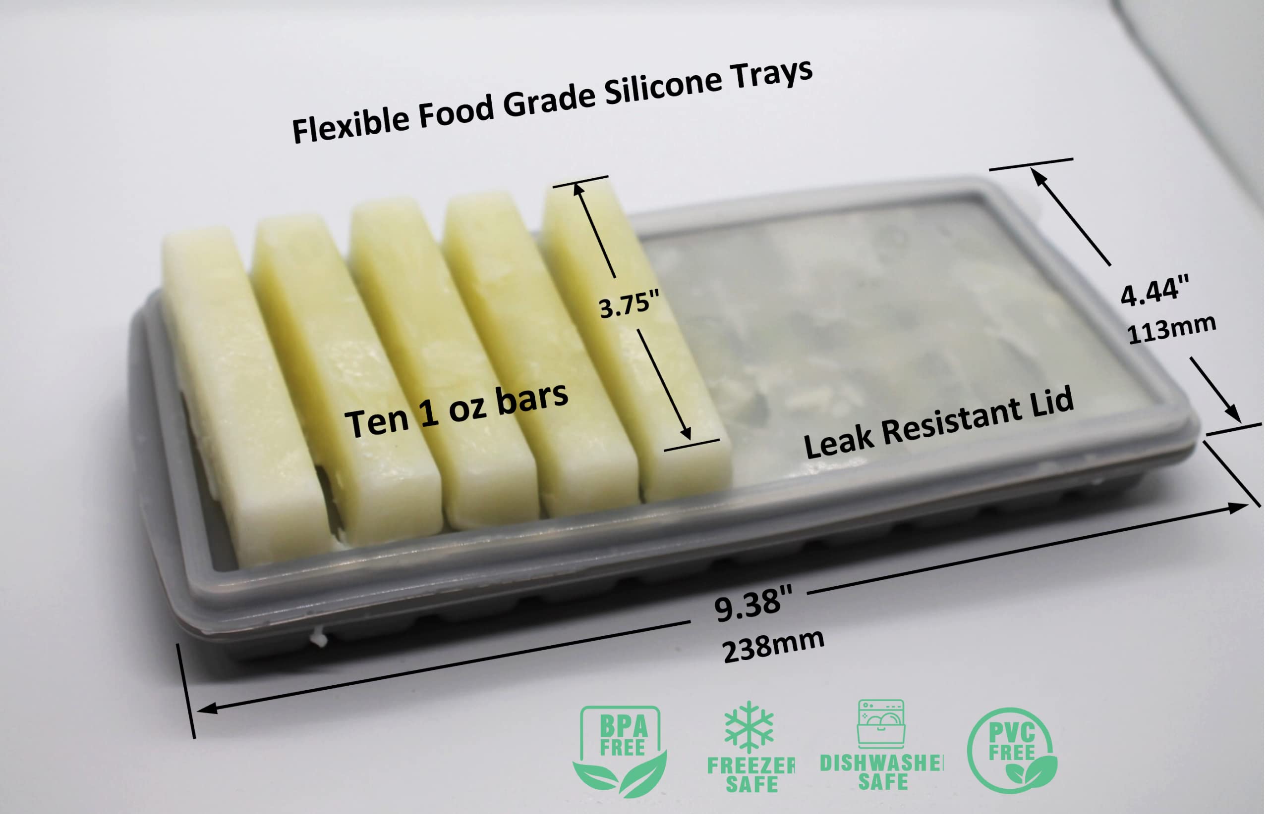 Breast Milk Freezer Storage Trays w/Carrier, 10-1oz Bars, 2 Silicone Containers w/Silicone Lids and Carrier, Food Grade Silicone