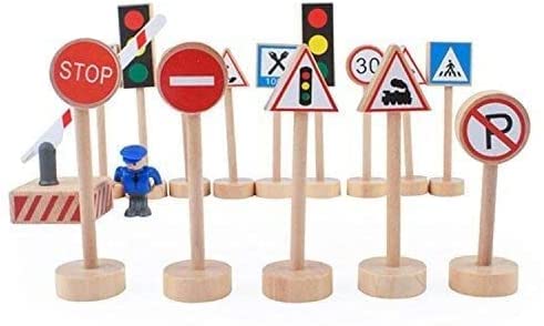 Kaptin 15 Pcs Wooden Street Signs Playset, Traffic Signs Lights Playset for Children Play