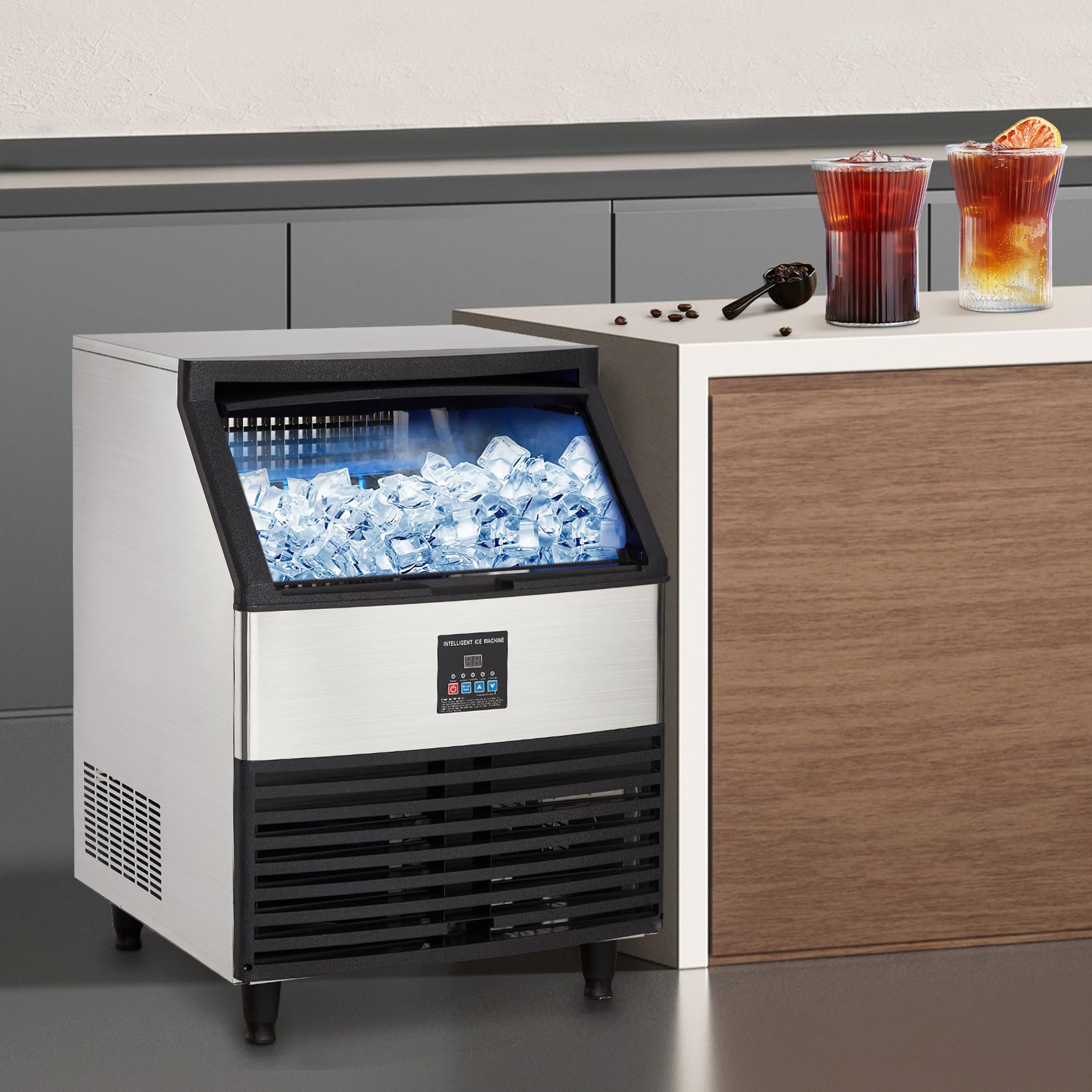 Commercial Ice Maker Machine 300lbs/24H, with 100lbs Ice Storage Capacity, Under Counter Stainless Steel Ice Machine, Self Cleaning, Freestanding Industrial Ice Maker with Ice Scoop, Self-Cleaning