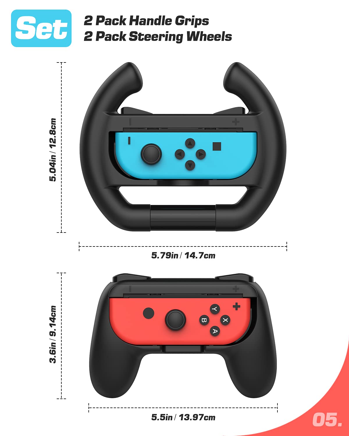 MoKo Steering Wheel & Grips for Nintendo Switch OLED 2021/Switch Joy-Con Controllers, 2 Pack Mariokart Racing Steering Wheel & 2 Pack Comfort Hand Grip Handle Kit for Mario Kart 8 Deluxe, Black&White