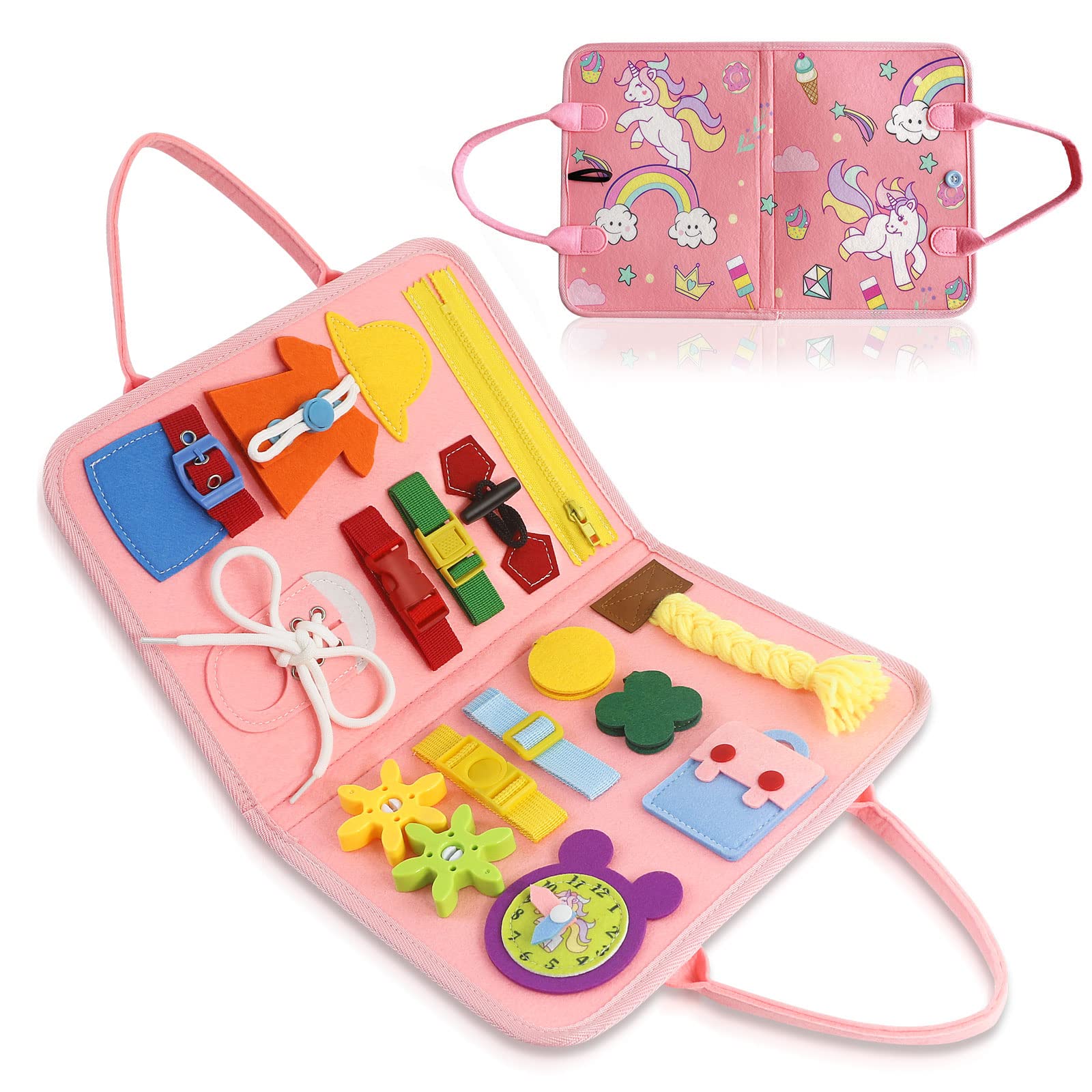 Busy Board for Toddlers 2-4, Montessori Toys Preschool Educational Activity Sensory Board for Learning Fine Motor Skills, Busy Book for Toddlers 1-3, Travel Toys for Plane Car, Gift for Girls(Unicorn)
