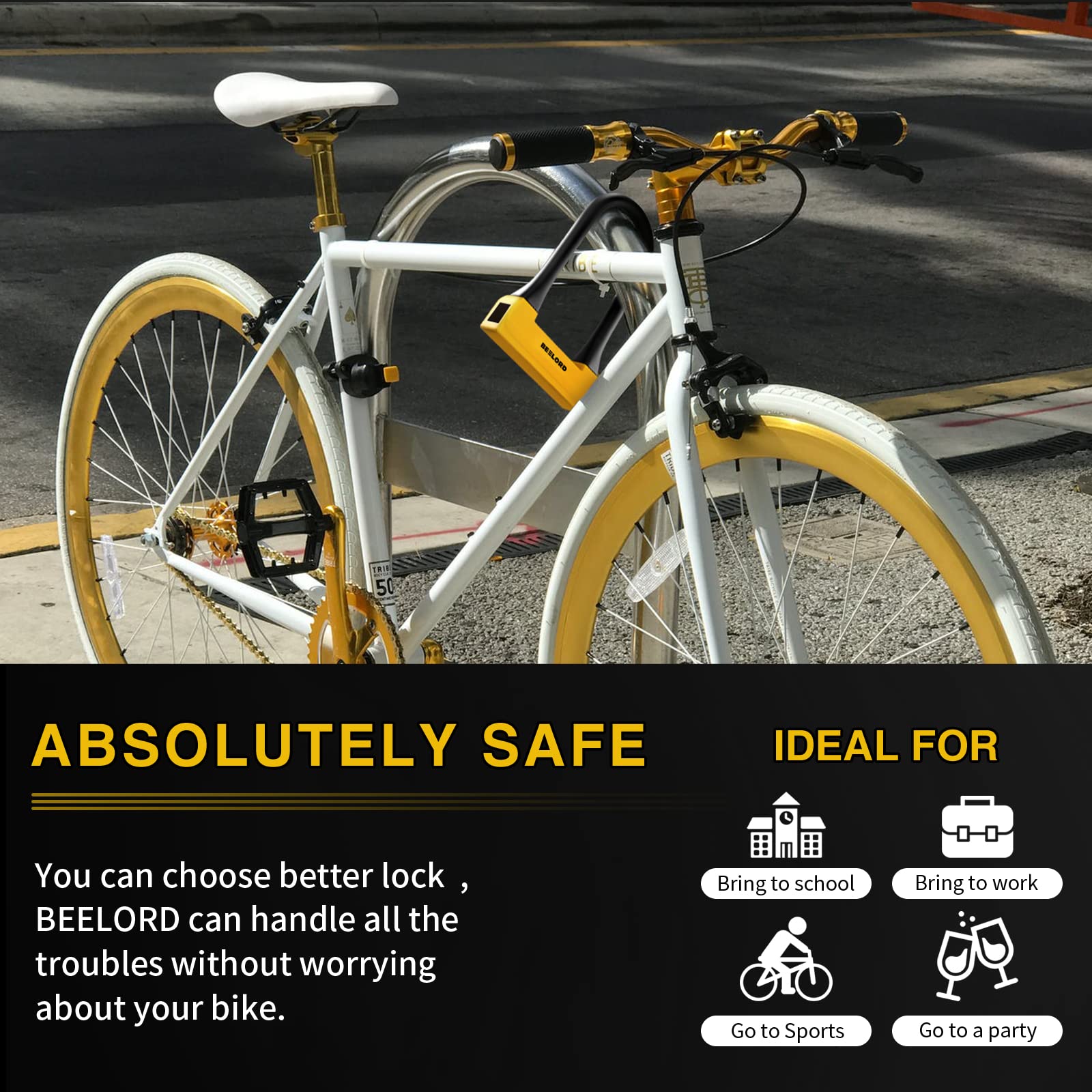 BEELORD Bike U-Lock, Heavy Duty Anti-Theft Bicycle U Lock, 18mm Shackle with Keys, Security Lock for Bicycles, E-Bikes, Scooters