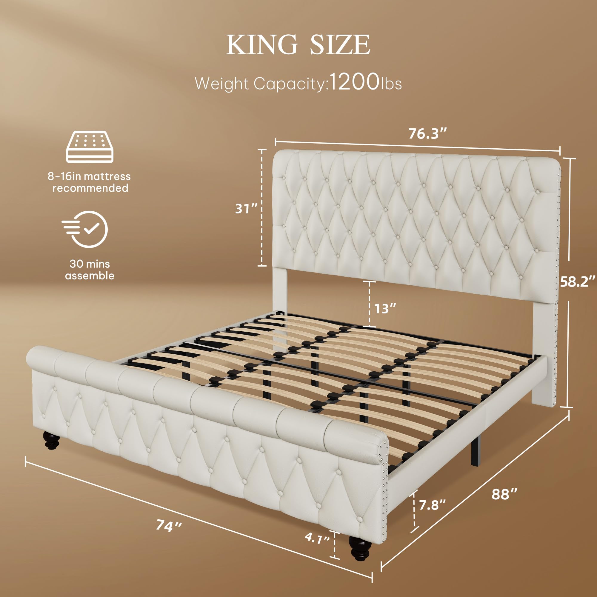 DWVO King Size Platform Bed Frame with 58" Tall Headboard and Footboard, PU Leather Upholstered Platform Bed with Solid Wood Leg, Button Tufted, No Box Spring Needed, Easy Assembly, Beige