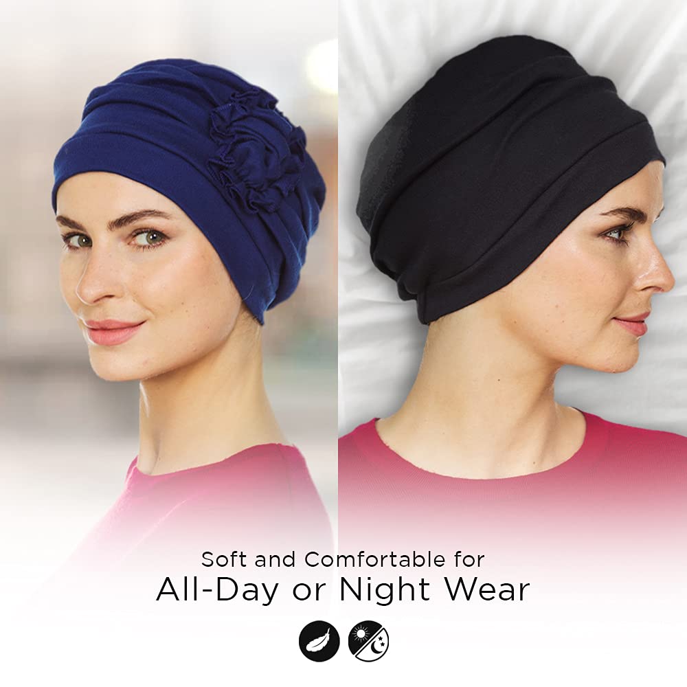 BEEMO Women’s Gathered Pleated Cancer Chemo Turban - Comfortable and Stylish - Black