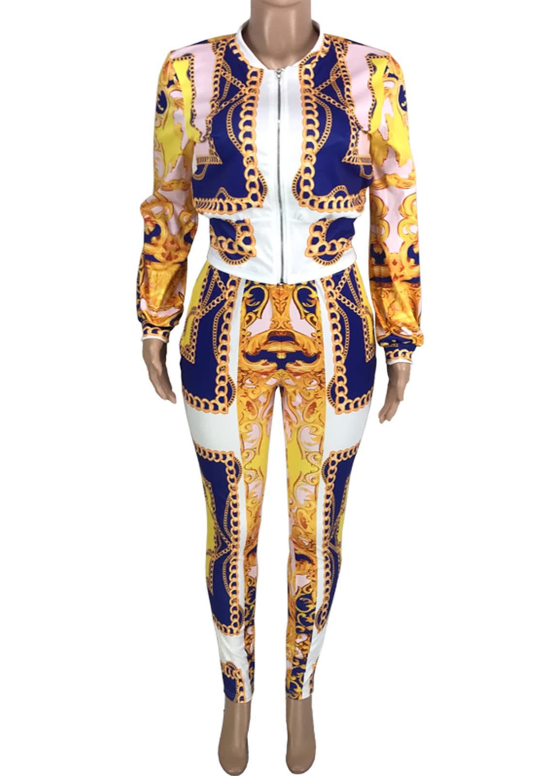Bluewolfsea Two Piece Outfits for Women Jogger Tracksuits Long Sleeve Zipper Floral Print Jumpsuits Sweatsuits Sets Yellow Medium