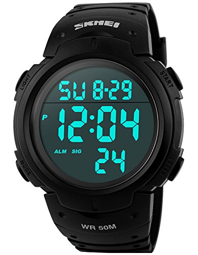 PASOY Mens Women Digital Watch Big Dial Light LED Swim Waterproof Rubber Band Alarm Black LED Watches 50MM (Black)