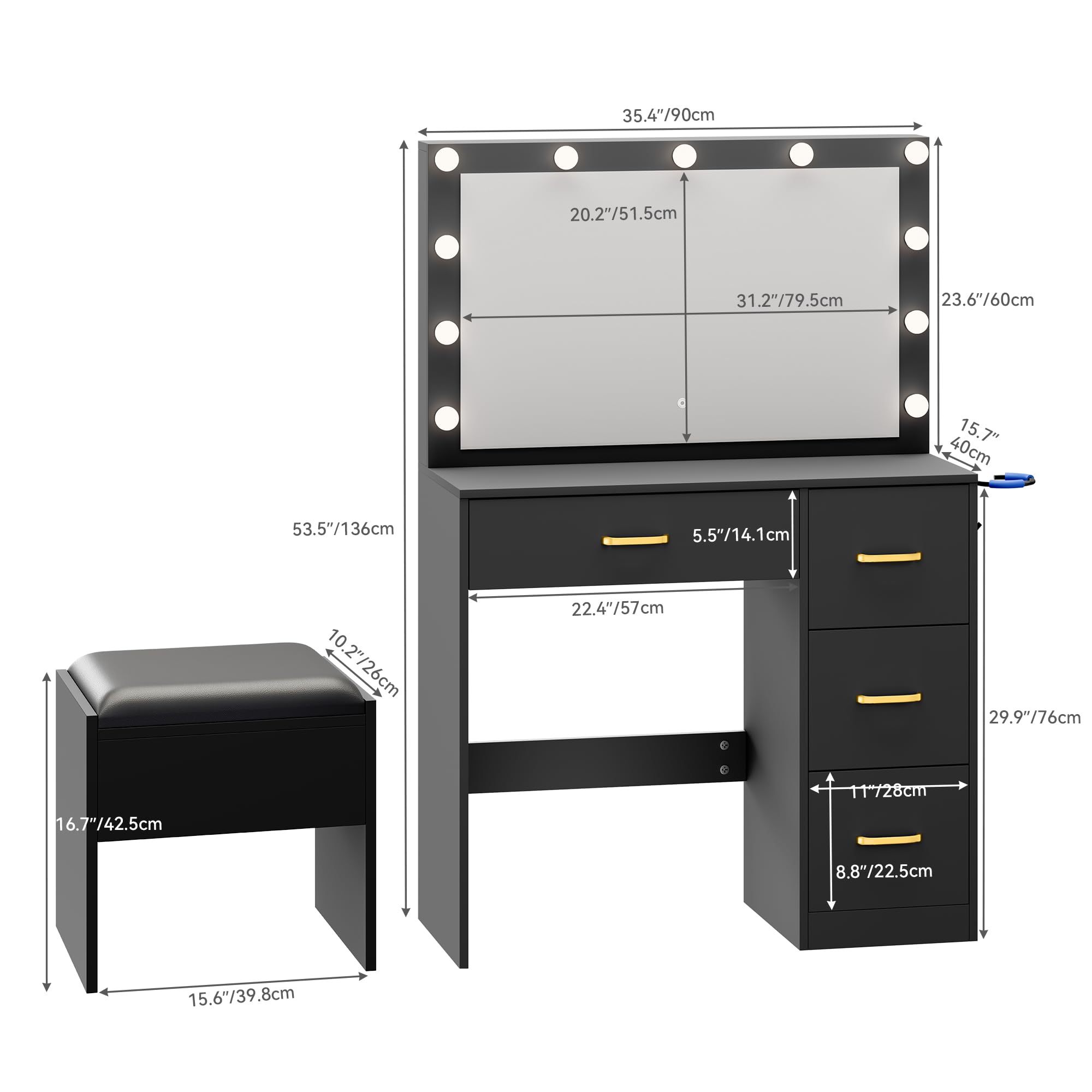 DWVO Makeup Vanity with Power Strip, Adjustable Lighting, and 4 Drawers, Vanity Table with Cushioned Stool for Bedroom, Dressing Room