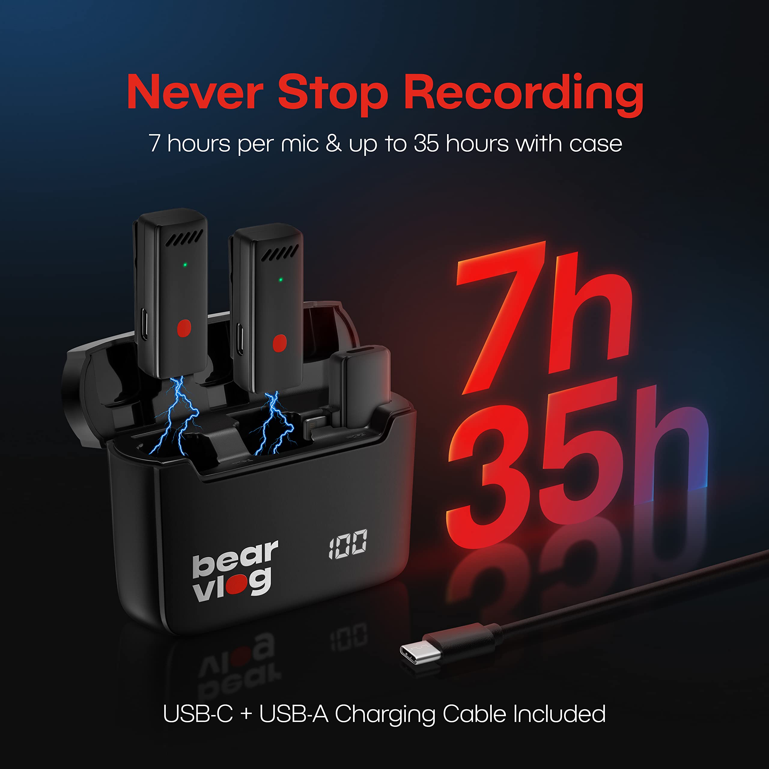 BearVlog Wireless Microphones for Android - 2 Portable Lavalier Microphone with Noise Reduction | Lapel Microphone Wireless for Vlogging and Recording| Compatible with Android and iPhone 15