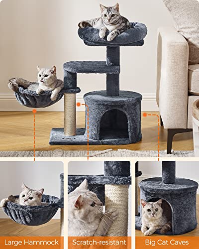 Feandrea Cat Tree, Small Cat Tower, Cat Condo, Kitten Activity Center with Scratching Post, Basket, Cave, Smoky Gray UPCT59G