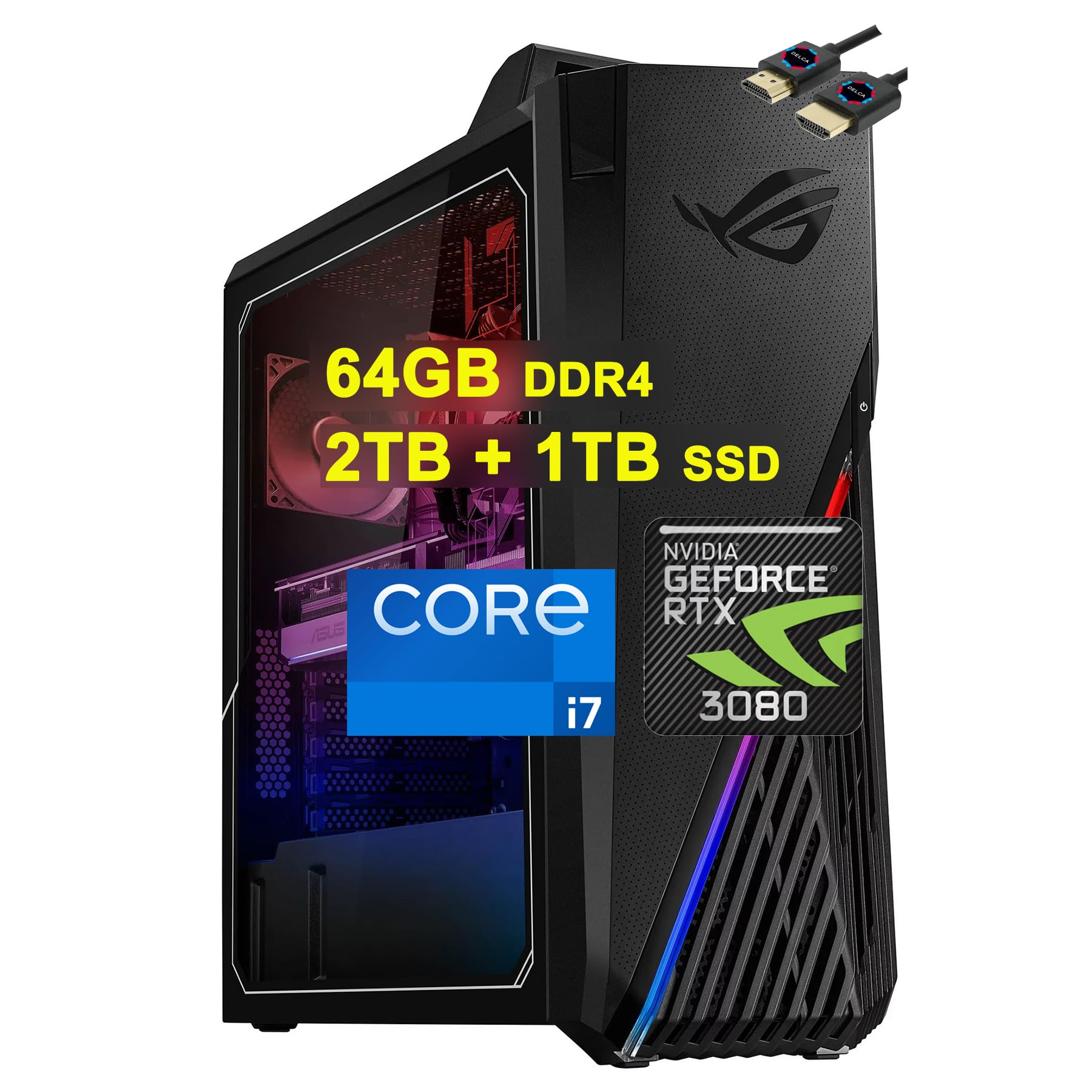 Asus ROG Strix GT15 G15 Gaming Desktop | 12th Gen Intel 12-Core i7-12700F | 64GB DDR4 2TB + 1TB SSD | Geforce RTX 3080 LHR 10GB Graphic | DisplayPort USB-C Aura Sync Lighting Win11 + HDMI Cable