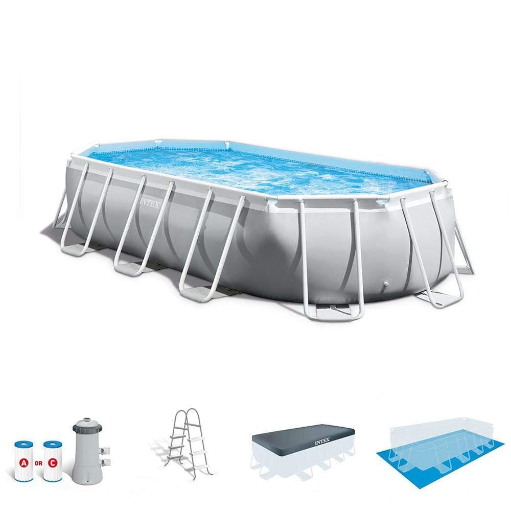 Intex Powder Coated Steel Tubing Outdoor Rectangular Frame Above Ground Pool Set with Ladder, Ground Cloth, and Filter Cartridges (6 Pack)