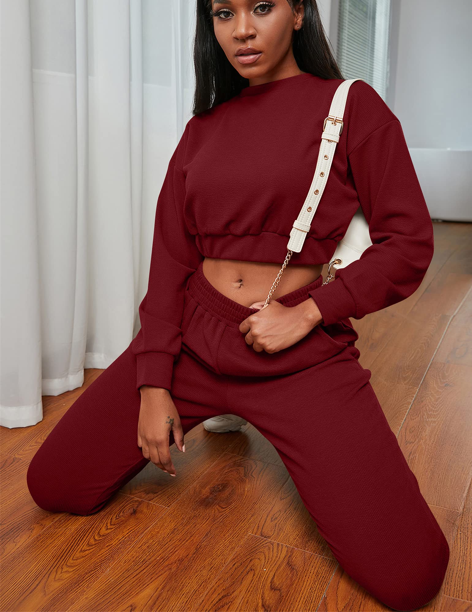 BORIFLORS Women's Workout Track Suit 2 Piece Outfits Long Sleeve Sweatsuits Jogger Pants Sets,Large,Wine Red