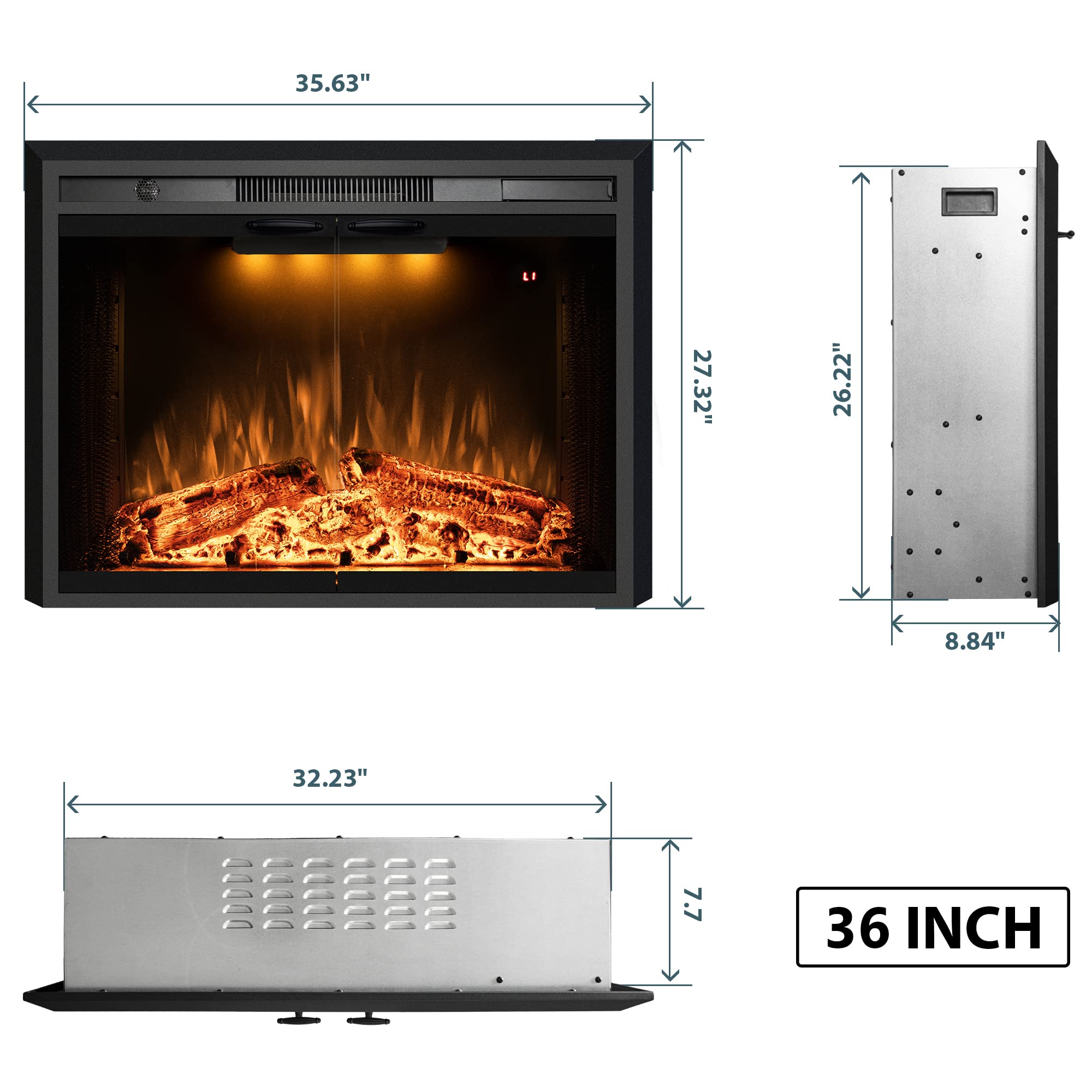 Benrocks 36β Electric Fireplace Inserts with Glass Door and Mesh Screen, Multicolor Flames & Fire Crackling Sounds, Timer, Overheating protection Fireplace Heater, 750/1500W
