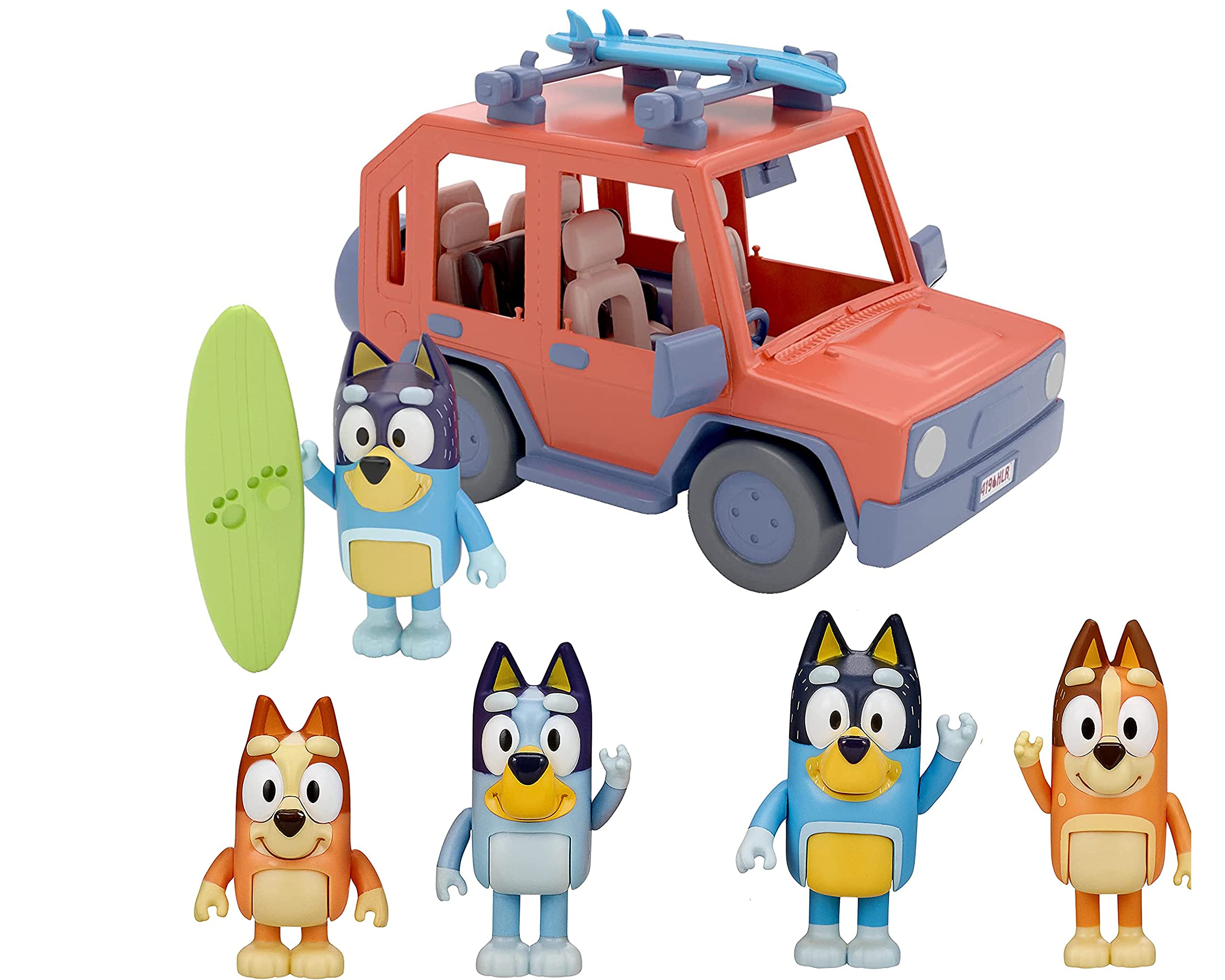 Bluey, 4WD Family Vehicle, with 1 Figure and 2 Surfboards & Family Figure 4-Pack, Bingo, Bandit & Chilli Playset