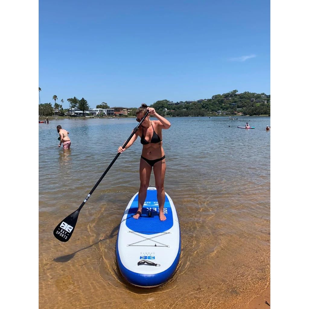 Bay Sports 10'8' Inflatable SUP Board Basix Series iSUP with Performance Fibreglass 3-Piece Adjustable Paddle and 9" Click-in Centre Fin - Designed in Australia (Navy/Turquoise)