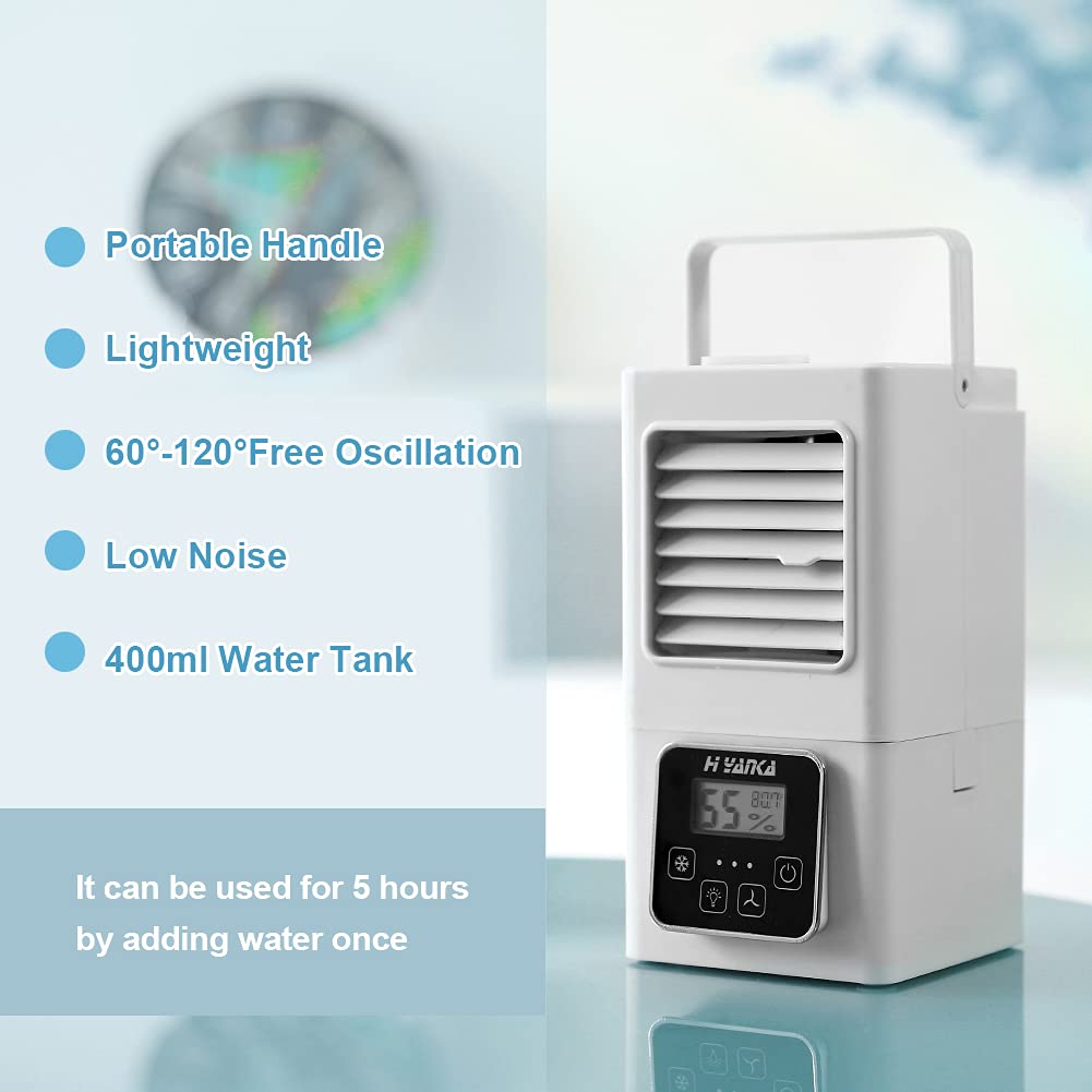 Portable Personal Air Conditioner Fan, Quiet Desktop Air Cooler for Summer, 400ML Mini Evaporative Room Cooler with 3 Speeds & 2 Misting, for Home Office Bedroom Indoor Outdoor, White