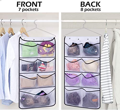 MISSLO Durable Hanging Closet Double Sided Bra Stocking Clothes Socks Organizer 15 Large Mesh Pockets, White