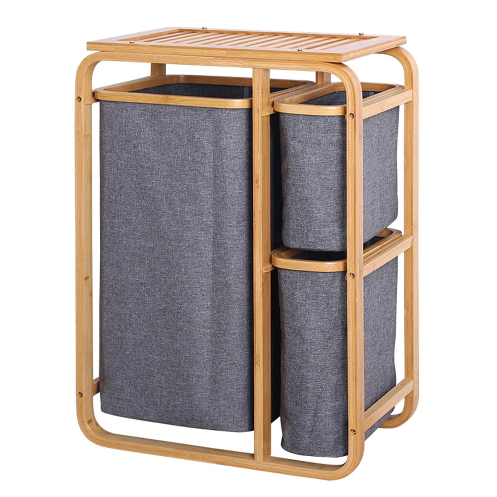 Dxcaicc Laundry Hamper with Wood Shelf,Laundry Hamper Sorter with 3 Removable & Pull-Out Sorting Bags,Clothes Hamper with Divided Bag for Laundry Room,Bathroom, Bedroom, Dorm,Grey
