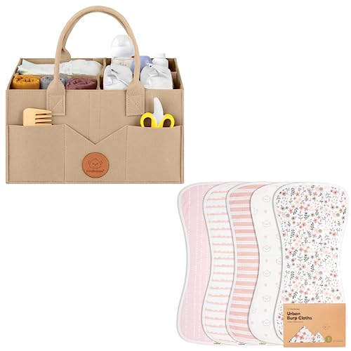KeaBabies Diaper Caddy Organizer and 5-Pack Organic Burp Cloths Baby Girl, Boy - Baby Organizer for Nursery - Large Burping Cloths for Babies - Car Storage Organizer - Baby Burp Cloths for Girls