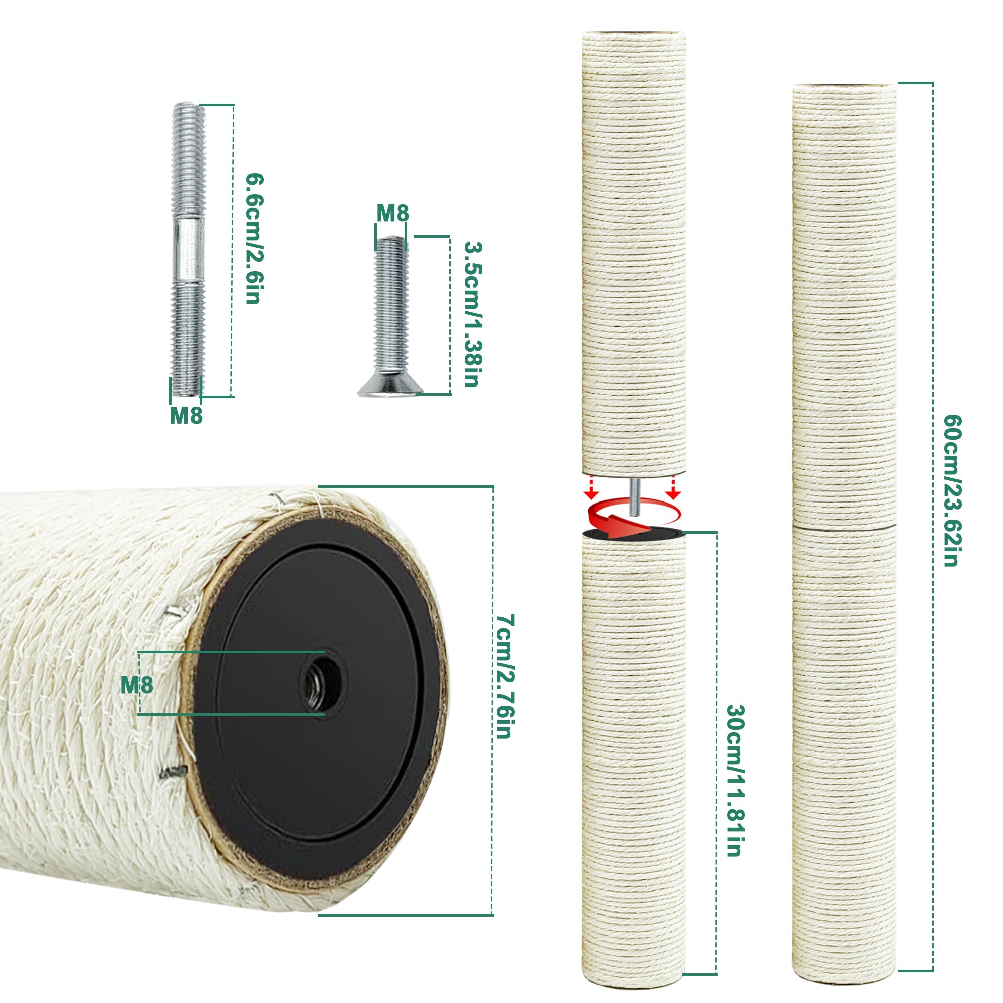 Cat Scratching Post Replacement Pole,2 PCS 11.81in Cat Tree Replacement Post,Natural Sisal Cat Tree Replacement Parts with M8 Screws,Cat Scratch Post Replacement for Refurbishment (11.8in/30cm)