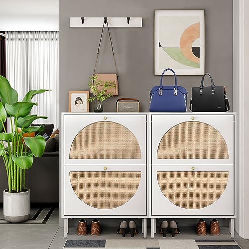 Goderfuu Rattan Shoe Cabinet with 2 Flip Drawers, Shoe Rack for Entryway Shoe Storage Cabinet, 2 Tier Small Shoe Cabinet Slim Shoe Storage Cabinet, White Shoe Cabinet for Heels, Boots, Slippers